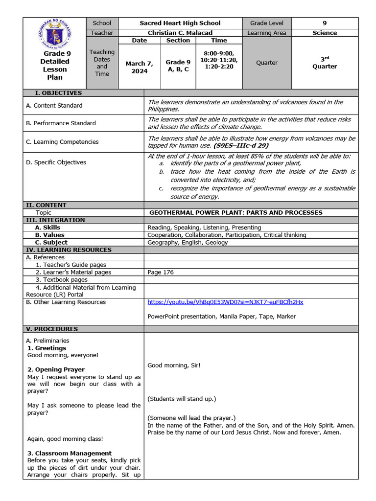 PARTS OF GEOTHERMAL POWER PLANT_LESSON PLAN-GRADE 9 | PDF | Geothermal ...