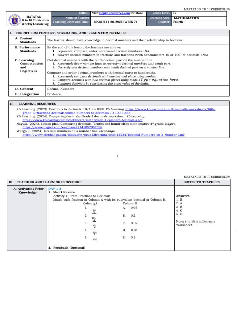 DLL Matatag - Math 4 Q4 W7 | PDF | Numbers | Learning