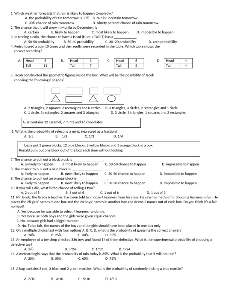 Summative Test Math 6 q4 Probability | PDF | Odds | Multiple Choice