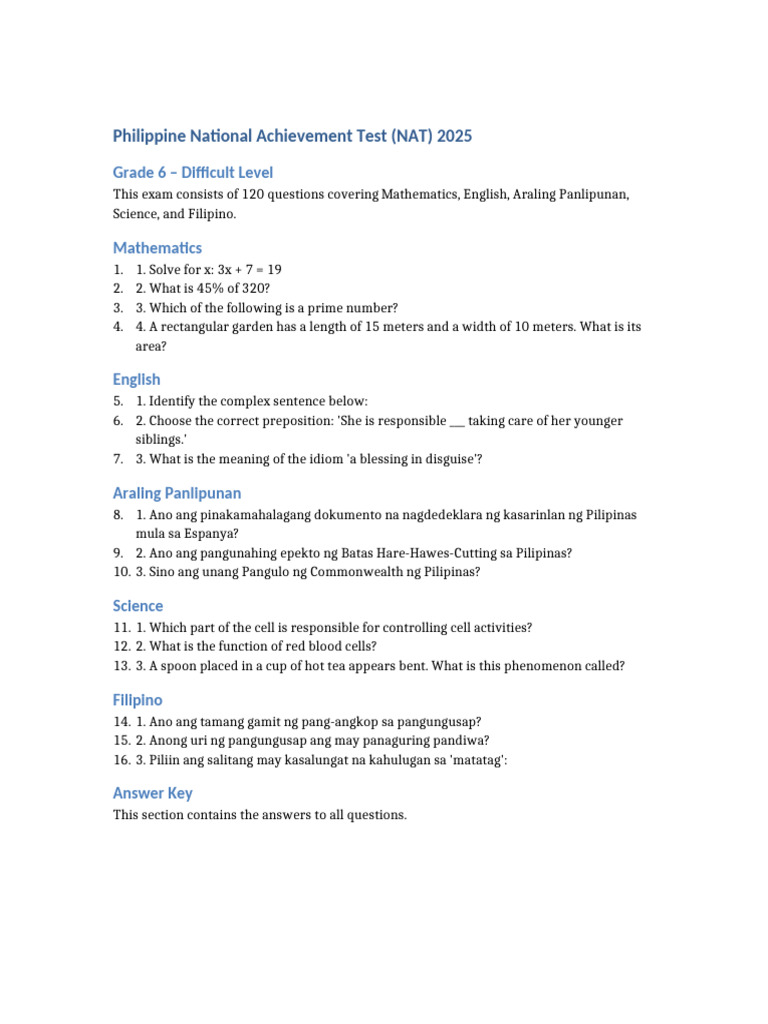 NAT 2025 Grade6 Mock Exam | PDF