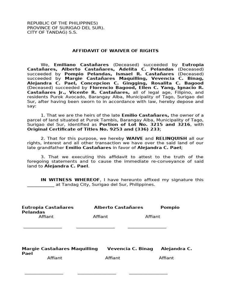 AFFIDAVIT OF WAIVER OF RIGHTS (Ecel) | PDF | Affidavit | Evidence