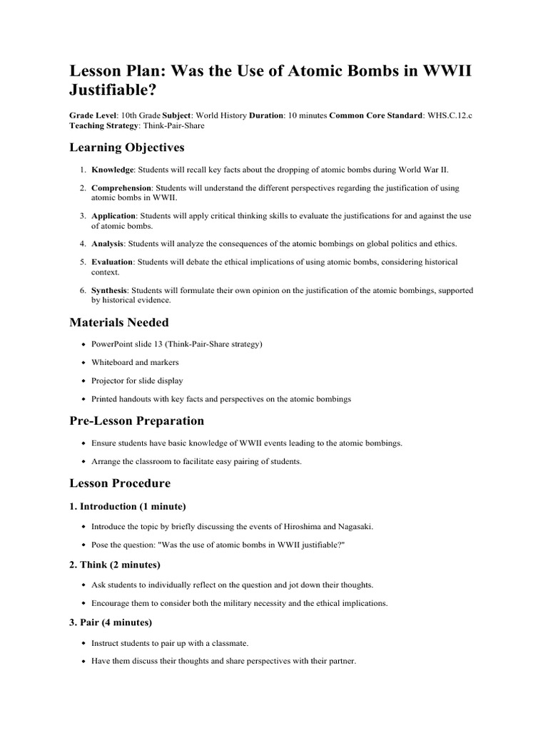 Lesson Plan_ Was the Use of Atomic Bombs in WWII Justifiable | PDF ...