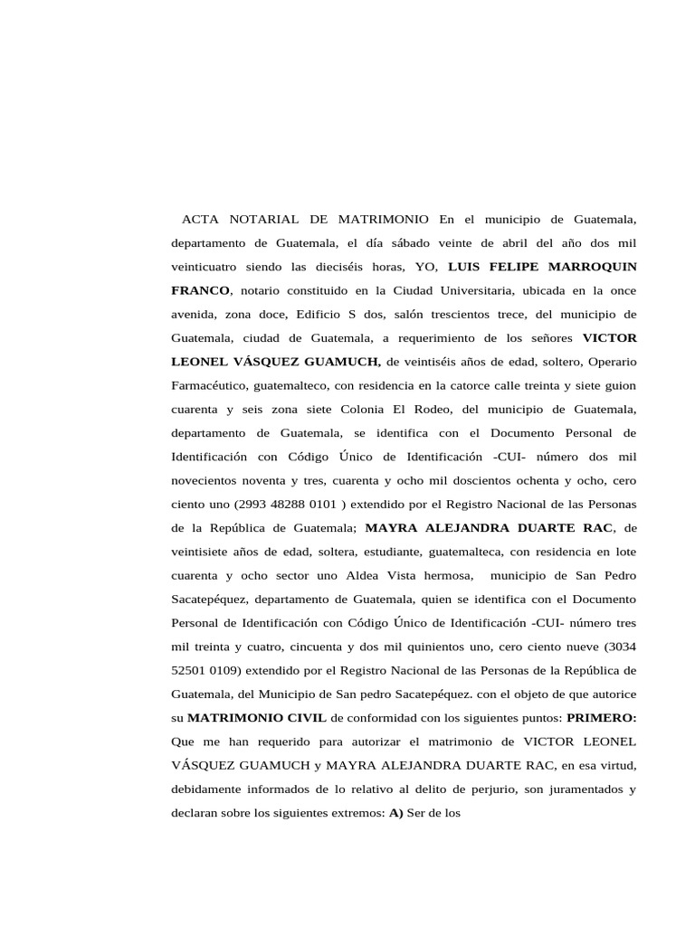 Acta Notarial de Matrimonio | PDF | Guatemala | Matrimonio