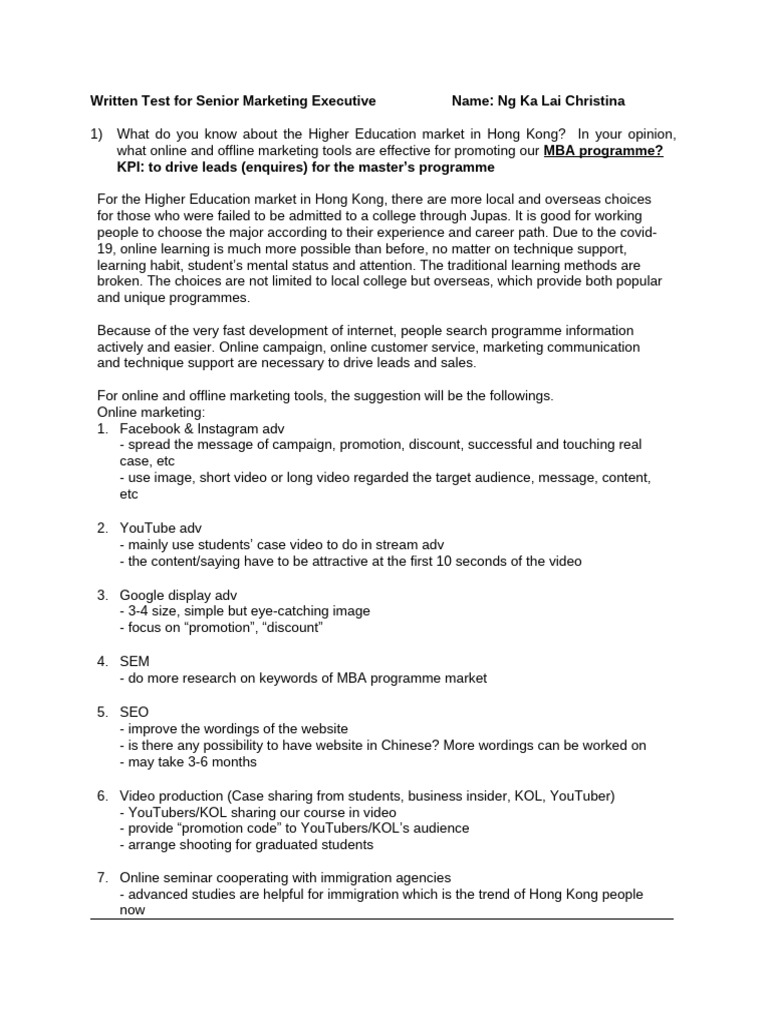 Written Test - KHE Marketing Executive - 20210908 | PDF