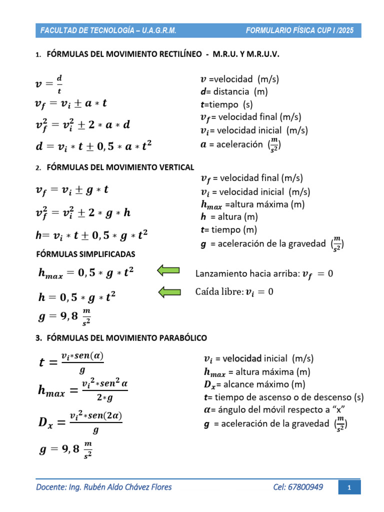formulario CINEMÁTICA 2025 | PDF | Velocidad | Movimiento (física)