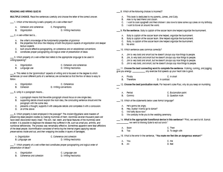 Reading and Writing Quiz #3 | PDF | Sentence (Linguistics) | Linguistics