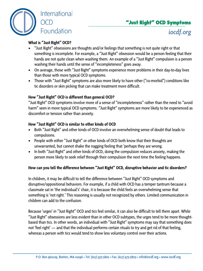 Just Right OCD Fact Sheet | PDF | Obsessive–Compulsive Disorder ...