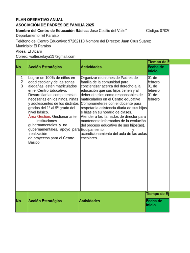 Plan Operativo Anual de Apf | PDF | Educación primaria | Escuelas