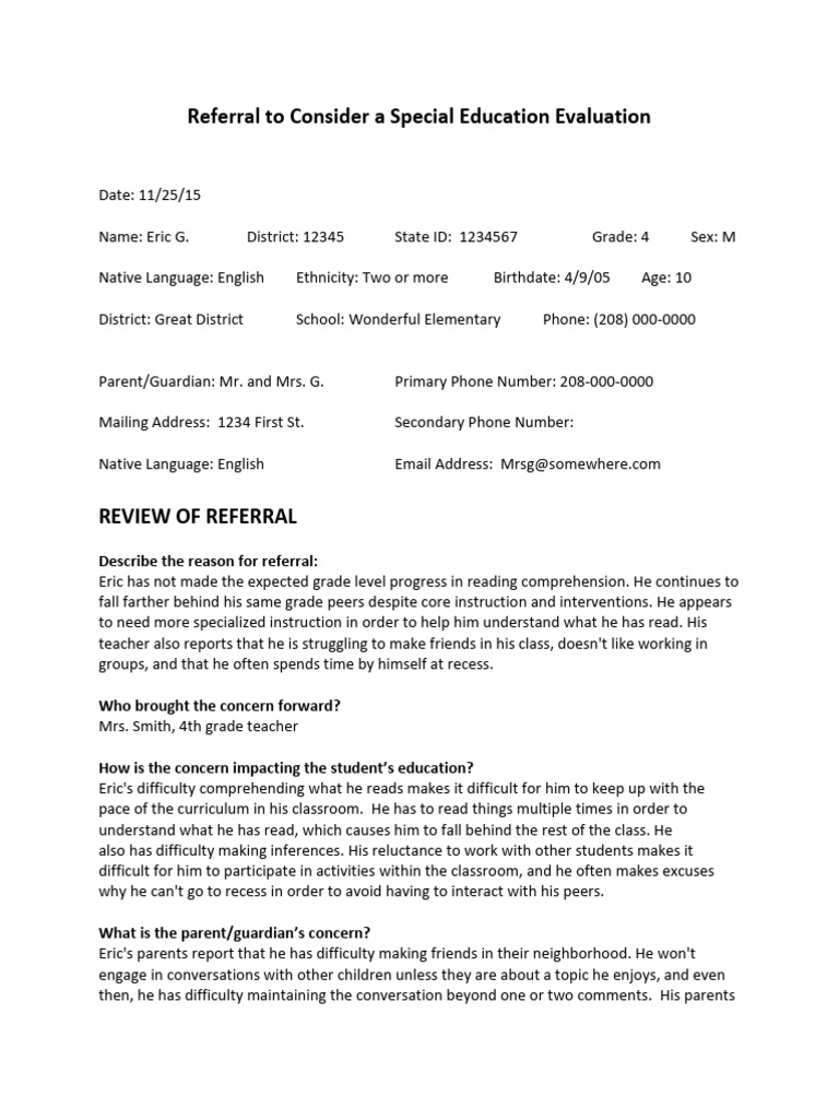 Example Referral - A | PDF | Reading Comprehension | Learning