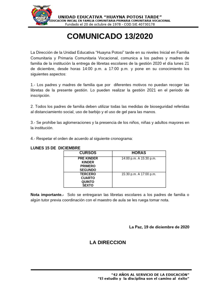 Comunicado Entrega de Libretas | PDF