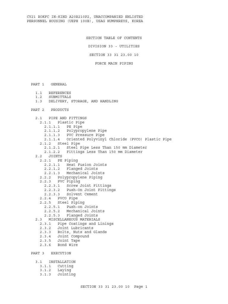 33 31 23.00 10 Force Main Piping | PDF | Pipe (Fluid Conveyance ...
