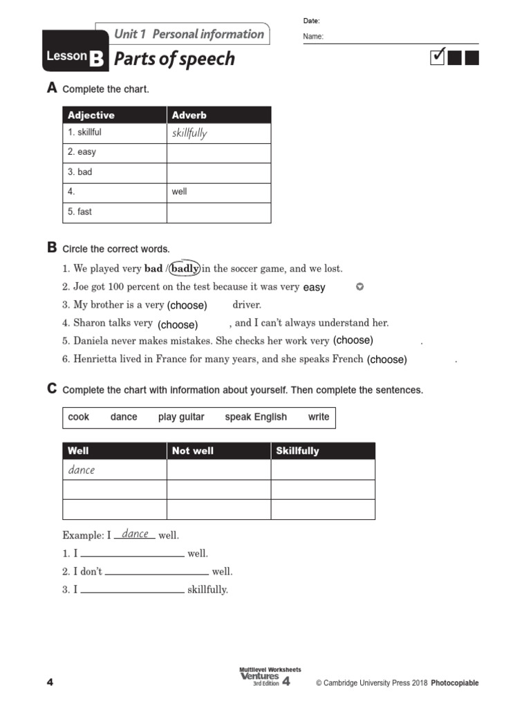 Multilevel Worksheets Level 4 Unit 1 Lesson B (Fillable) | PDF | Adverb | Adjective