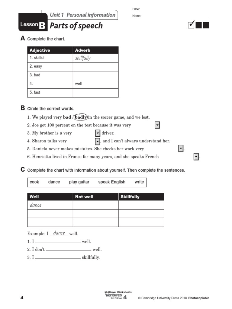 Multilevel Worksheets Level 4 Unit 1 Lesson B KEY | PDF | Adverb | Linguistics