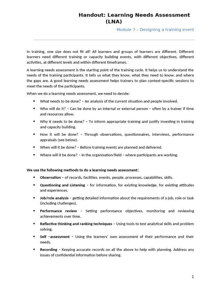 Learning Needs Assessment | PDF | Learning | Psychology