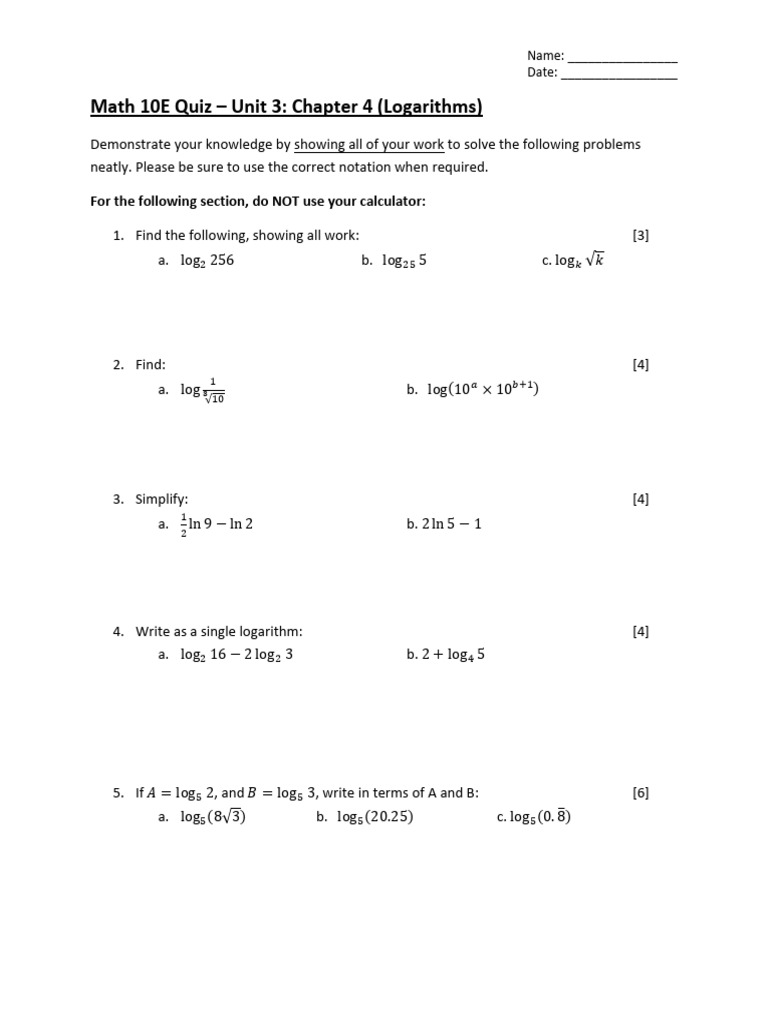 Quiz - Chapter 4 (Logarithms) | PDF | Arithmetic | Mathematical Analysis
