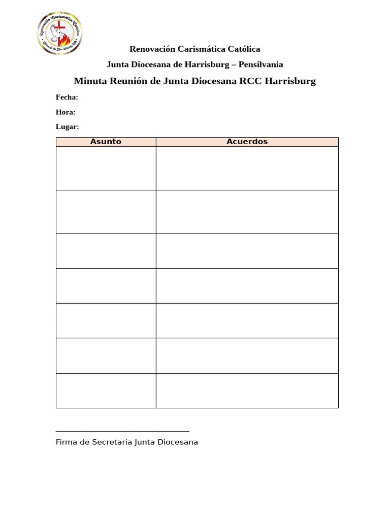 Formato de Minutas Junta Diocesana RCC Harrisburg | PDF