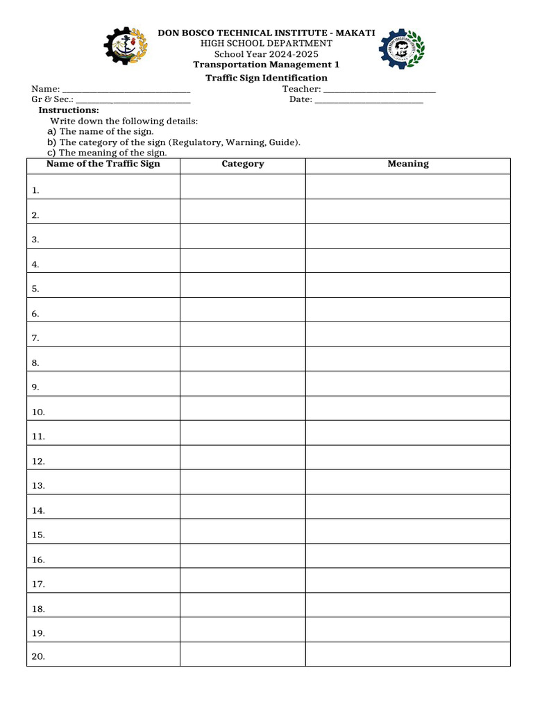 Traffic Sign Identification Worksheet | PDF