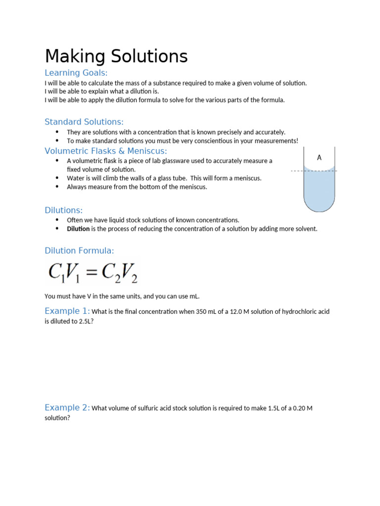 Preparing and Diluting Solutions Guide | PDF | Volume | Concentration