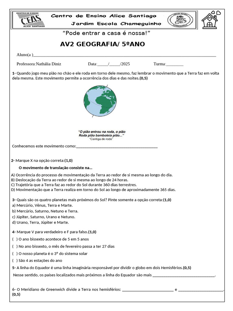 av2 geografia 5 ano | PDF | Planetas | Sistema Solar