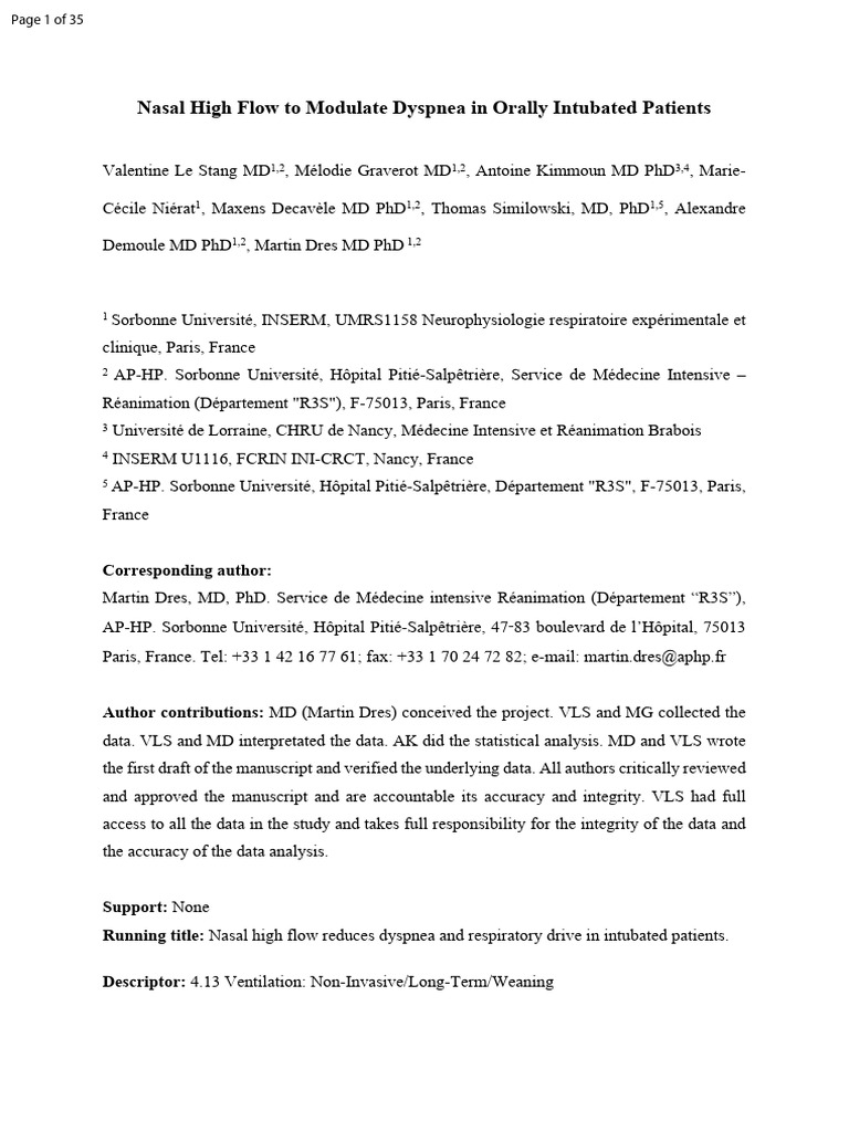 Nasal High Flow To Modulate Dyspnea in Orally Intubated Patients | PDF ...