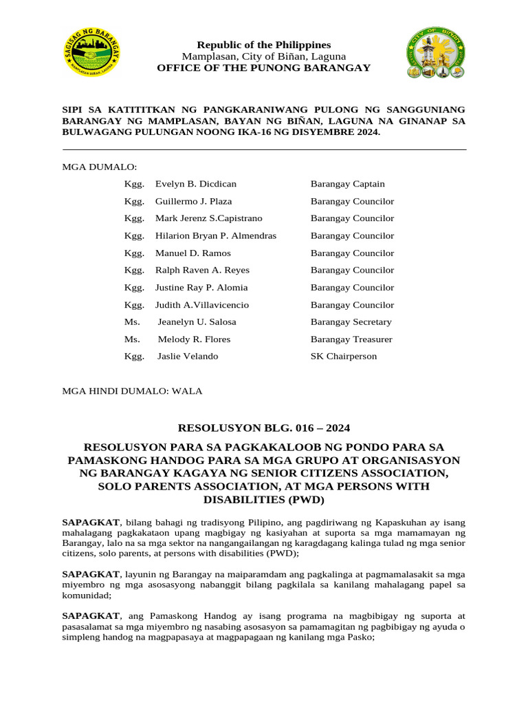 RESOLUSYON NA NAGLALAAN NG PONDO MULA SA PONDO NG BARANGAY PARA SA PAMASKONG HANDOG PARA SA MGA ...