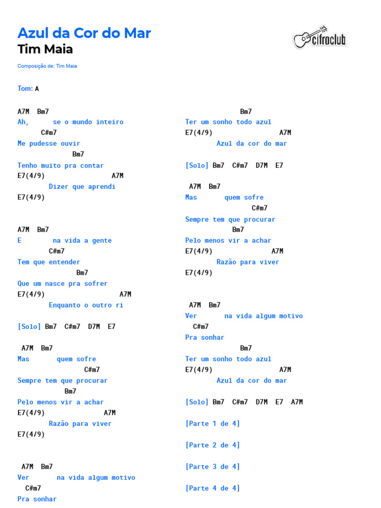 Cifra Club - Tim Maia - Azul da Cor do Mar | PDF