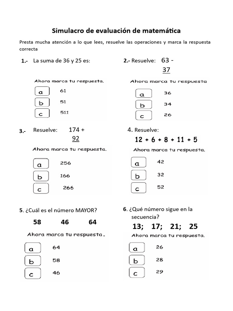 Simulacro de Evaluación de Matemática | PDF