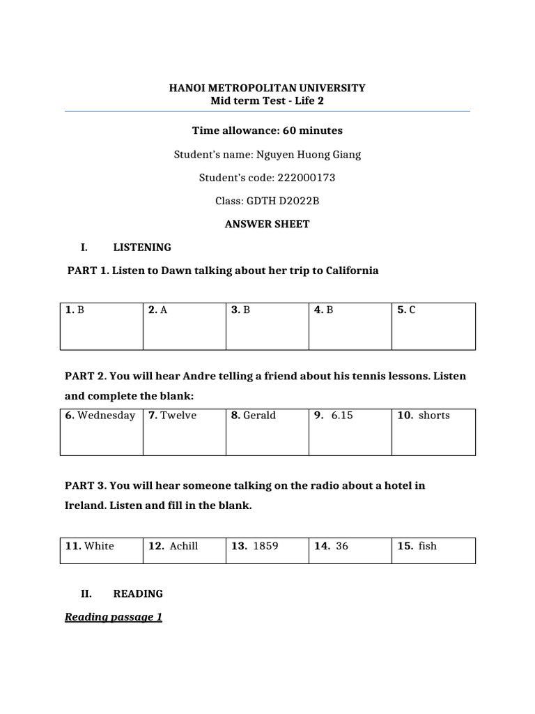 Answer Sheet. Mid Term. Life 2 | PDF