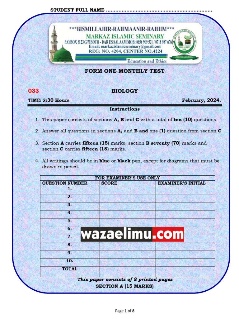 f1 Biology Monthly Test Feb 2024 | PDF | Biology