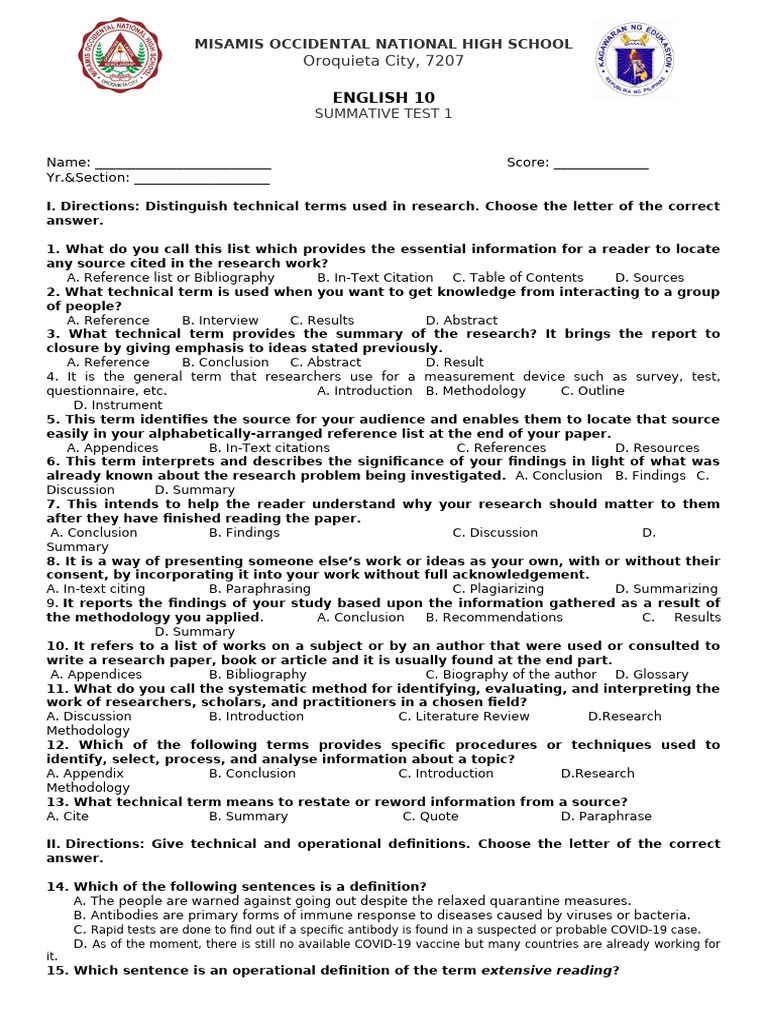 English 10 Research Terminology Test | PDF | Methodology | Economics