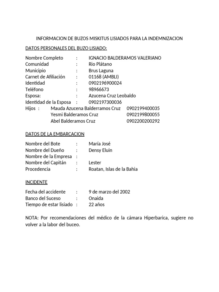 Indemnización Buzo Lisiado Miskitus | PDF