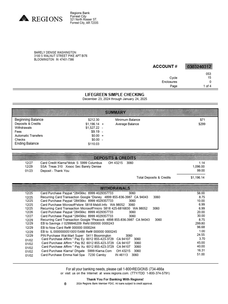 Barely Washigton Regional Bank Statement December To January | PDF | Banks | Overdraft