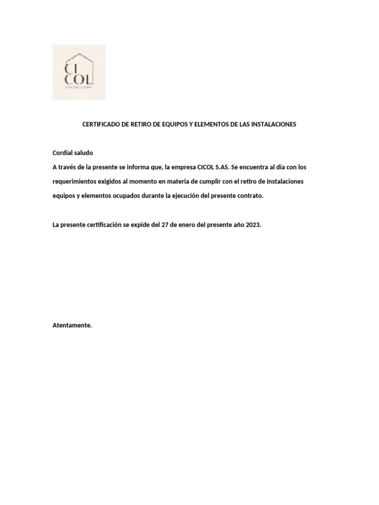 Certificado de Retiro de Equipos y Elementos de Las Instalaciones | PDF