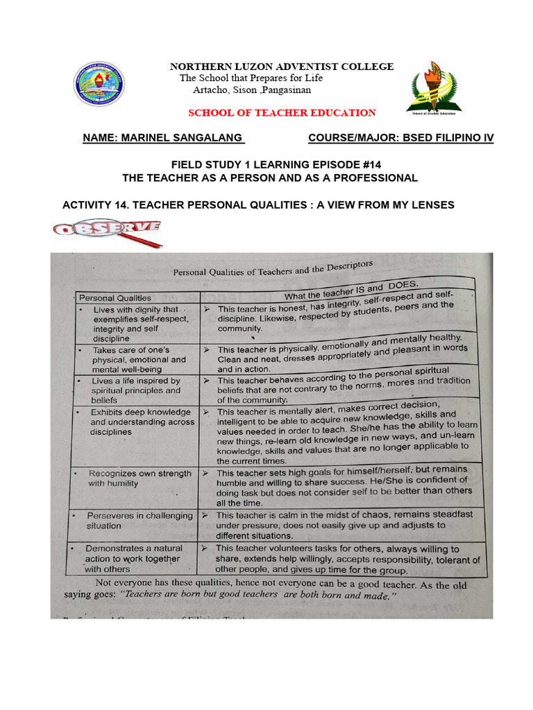 FS Observation Sheet 14 | PDF | Teachers | Psychological Resilience