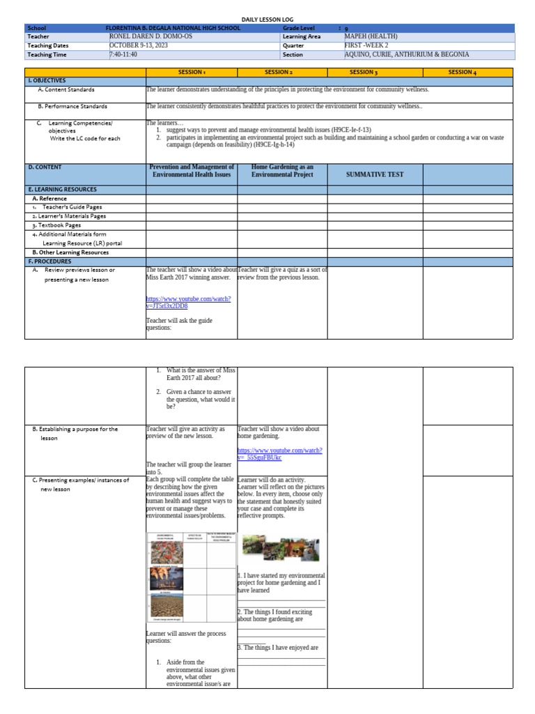 Daily Lesson Log Health Week 2 | PDF | Learning | Teachers