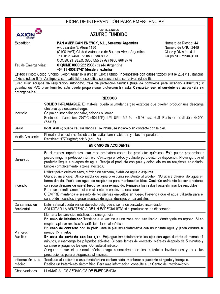 Ficha de Emergencia: Azufre Líquido y Fundido | PDF | Agua | Incendios