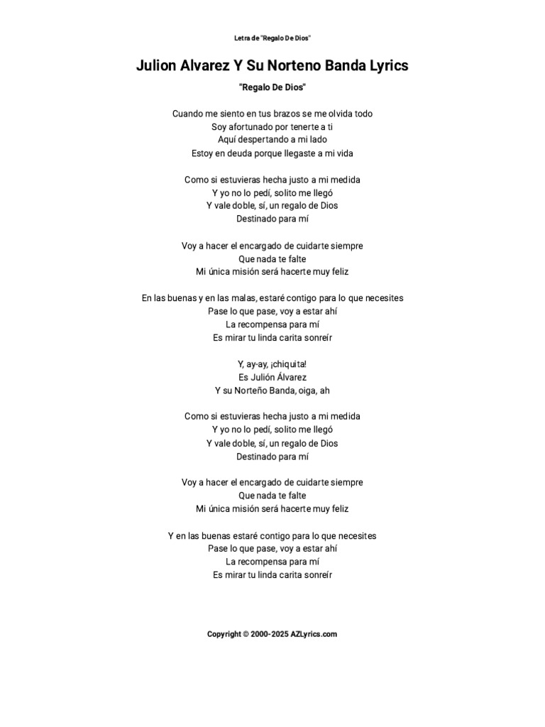 Julion Alvarez Y Su Norteno Banda - Letra de - Regalo de Dios - Lyrics at | PDF