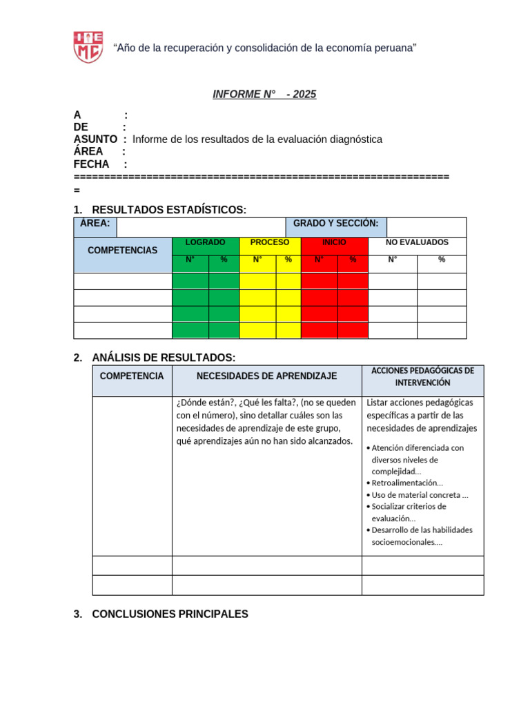 Formato Informe Ev Diagnóstica 2025 Docente | PDF