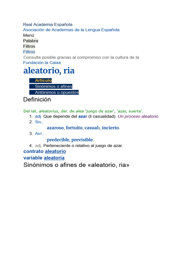 Definición y sinónimos de "aleatorio" | PDF