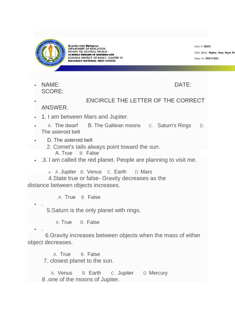 Earth and Life Summative 2023-2024 | PDF | Planets | Solar System