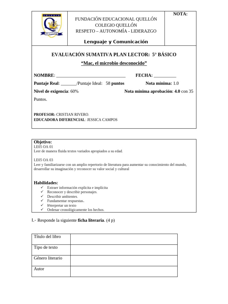 5° Prueba Mac El Microbio Desconocido. | PDF