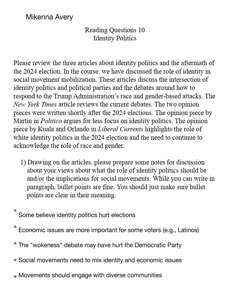 Reading+Questions+10+Identity+Politics | PDF
