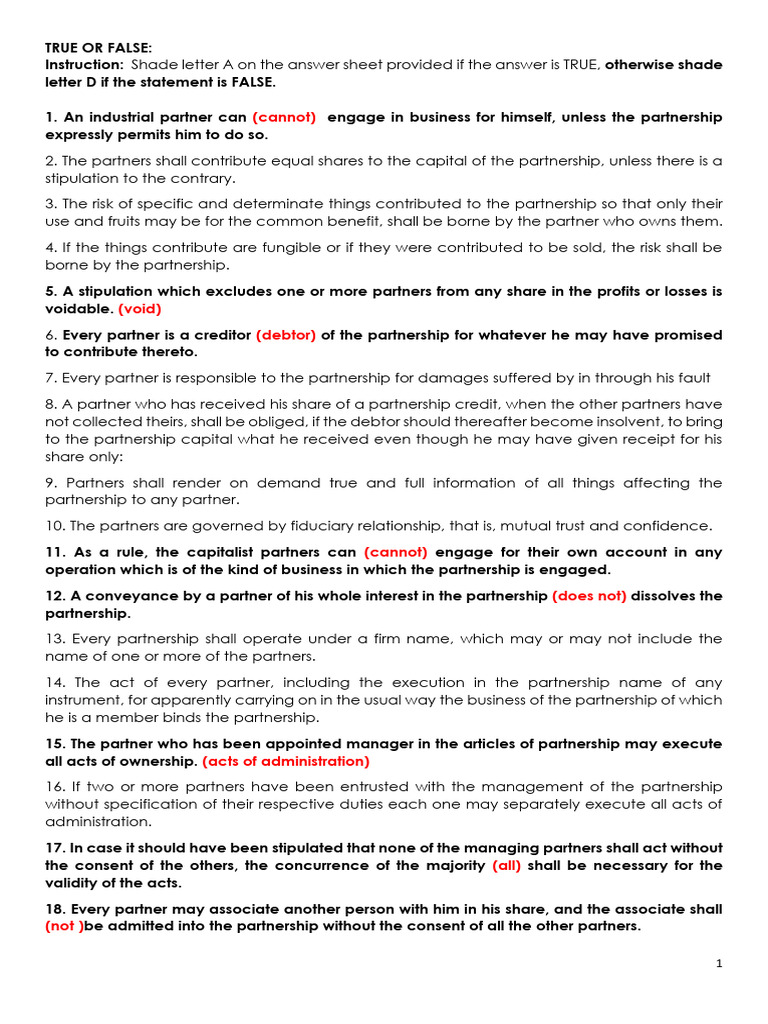 Answer To Quiz 2 Business Laws and Regulations | PDF | Partnership ...