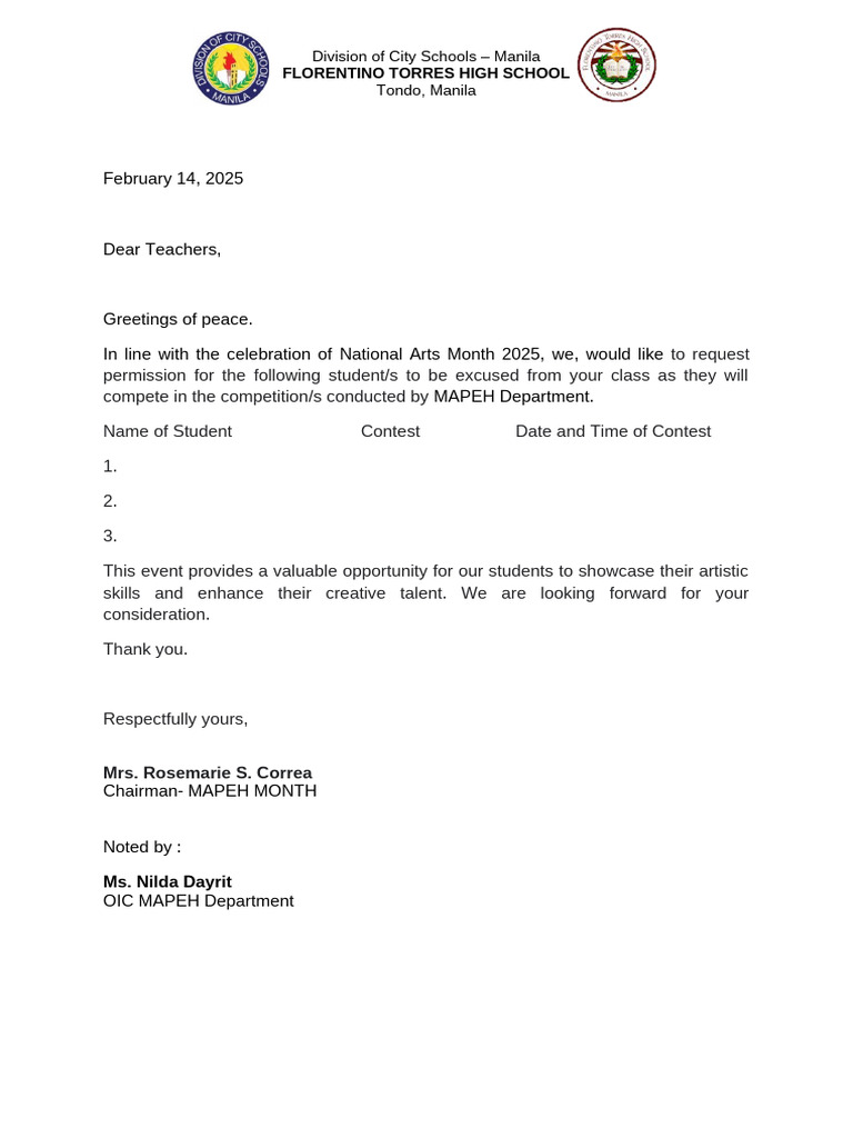 Student Excusal Request for Arts Competition | PDF