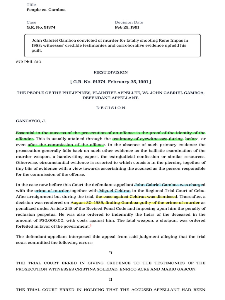 Gamboa Murder Conviction Appeal Summary | PDF | Witness | Abdomen