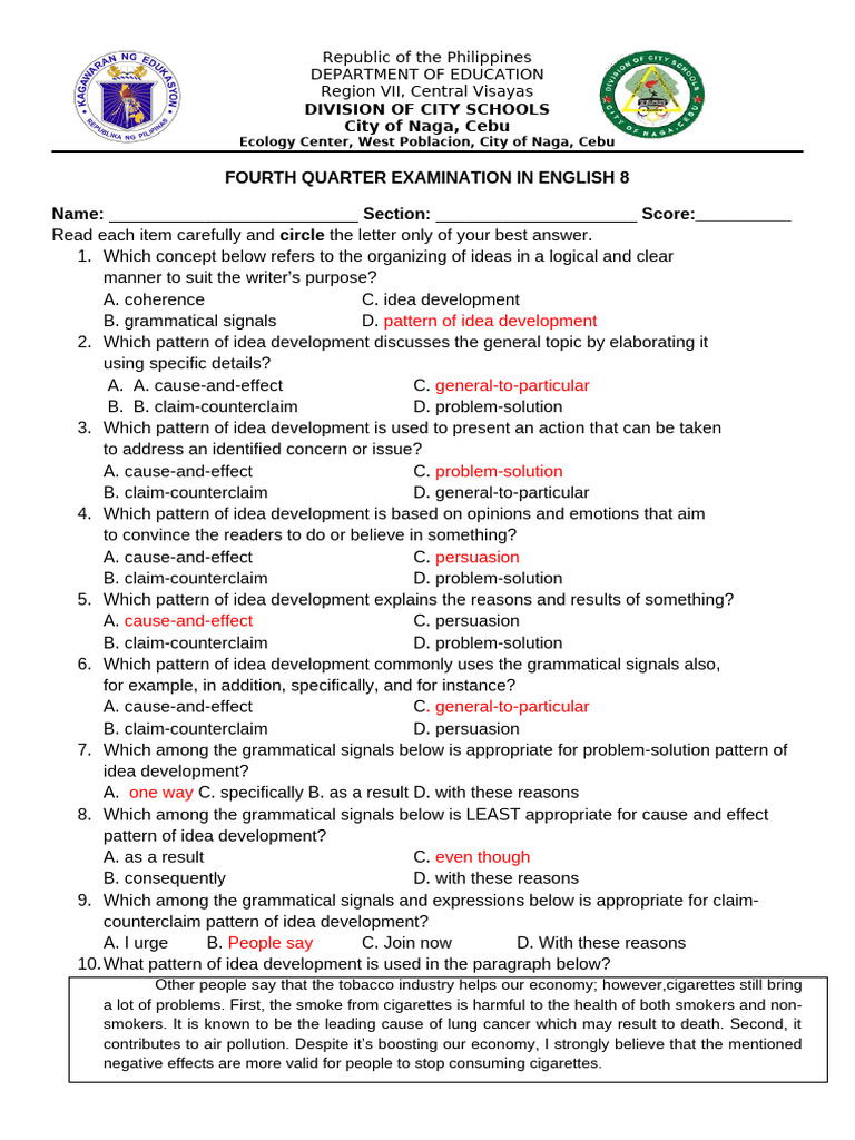 English 8 Fourth Quarter Exam Guide | PDF | Cloud