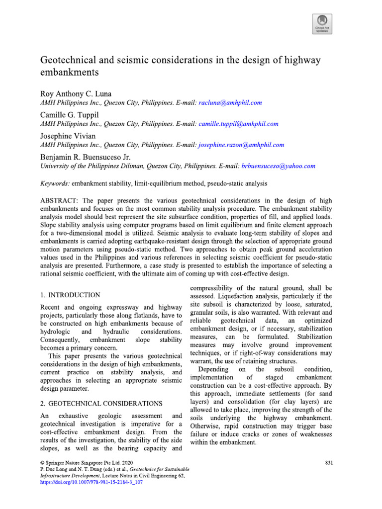 Geotech and Seismic Consideration in The Design of Highway Embankment | PDF