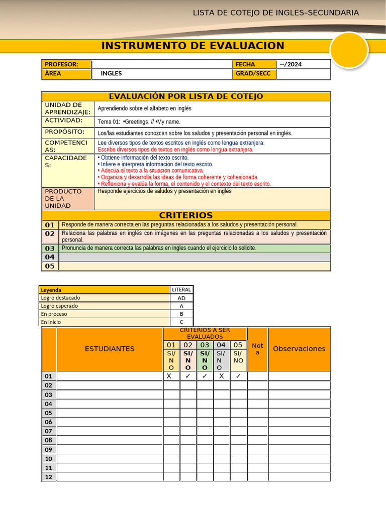 1ºy 2° LISTA DE COTEJO ACTV 01 INGLES-1 | PDF | Aprendizaje | Cognición