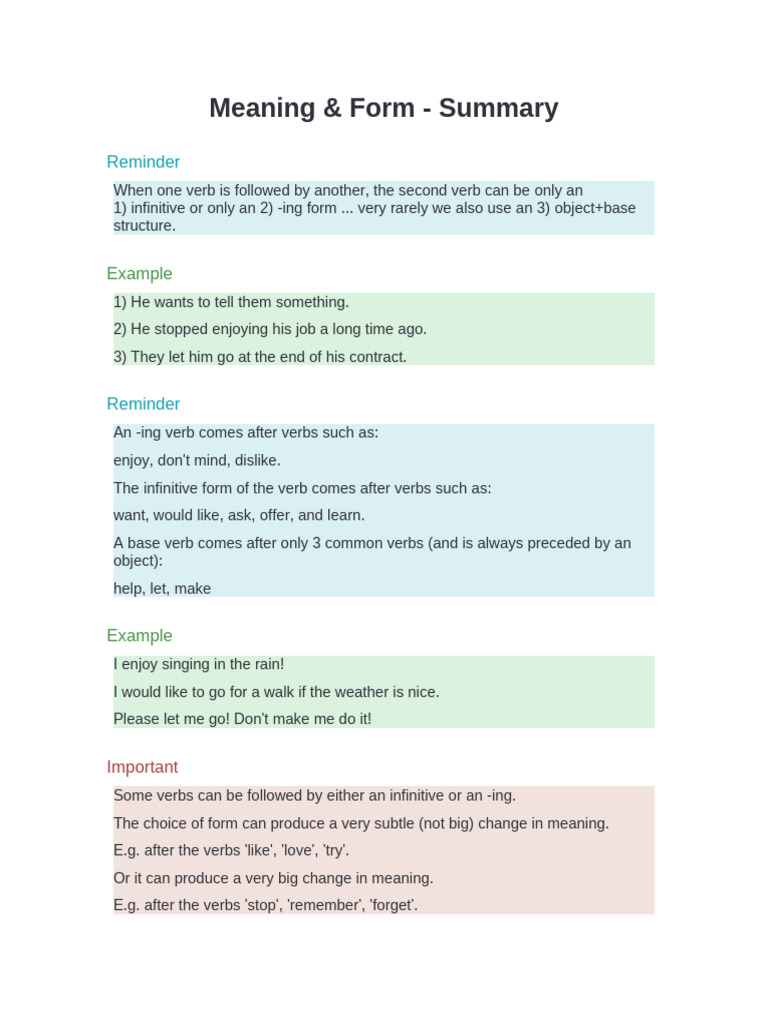 Verb Forms: Infinitives vs. -ing Forms | PDF
