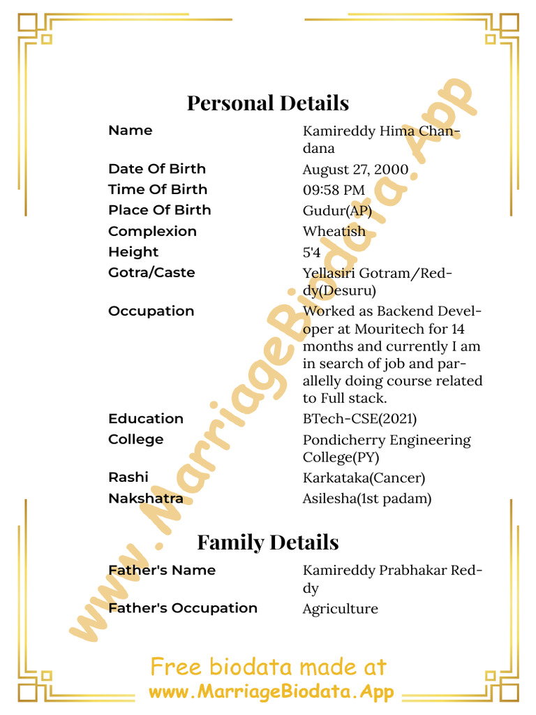 Kamireddy Hima Biodata | PDF